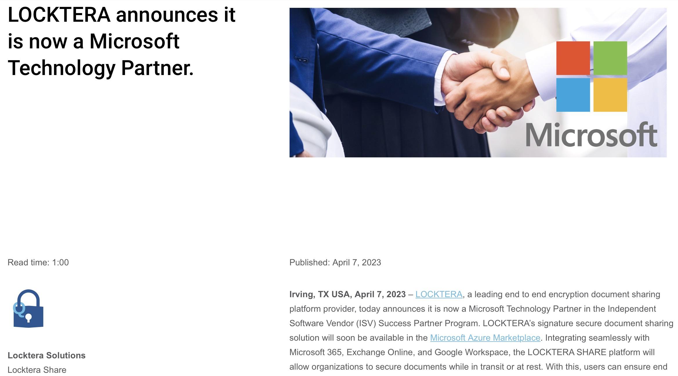Locktera now Microsoft Partner